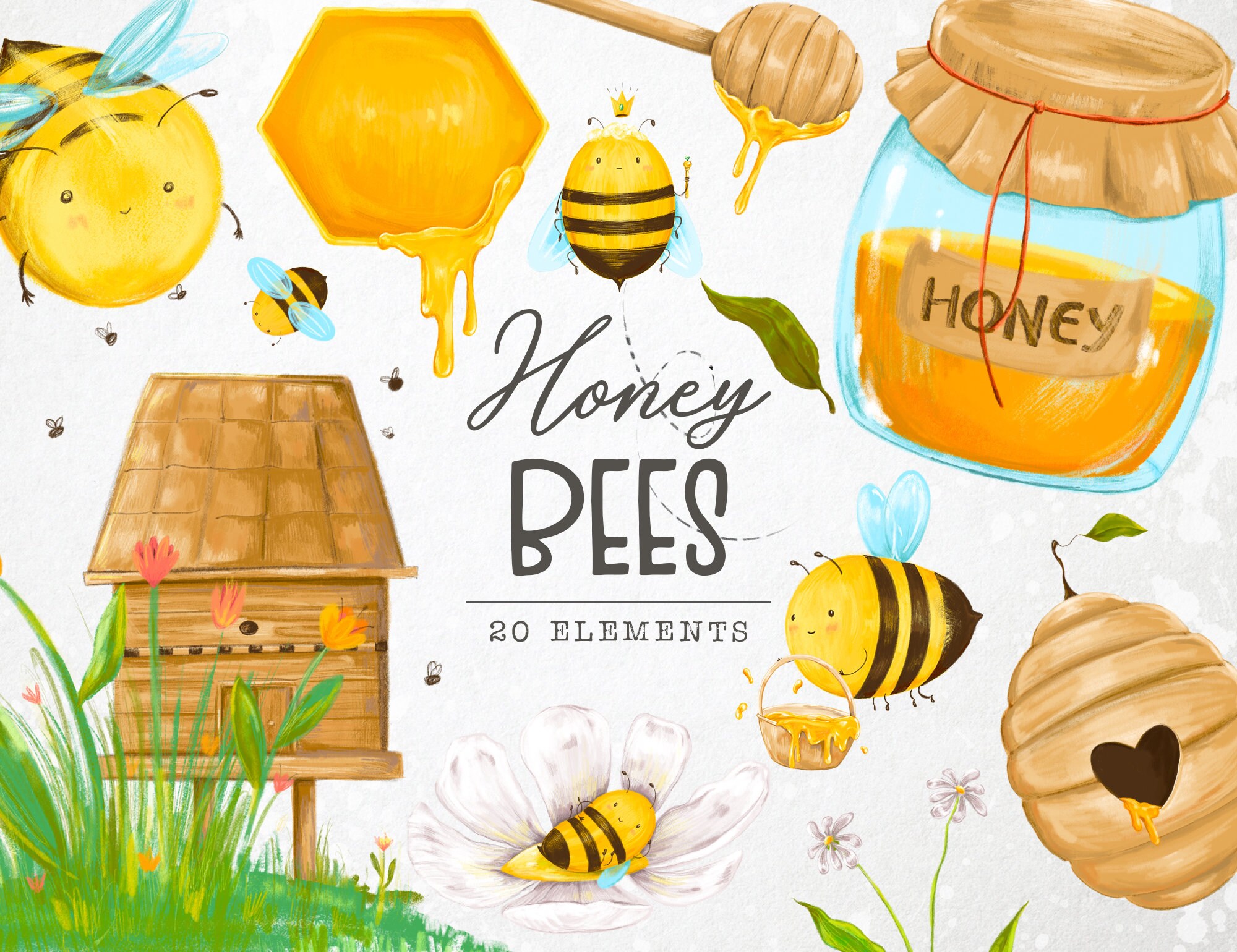Honey Bee Clipart Hand Drawn Cute Bee Clipart Honeycomb - Etsy