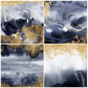 Navy Watercolor Digital Paper, Watercolor Paper Pack, Gold Foil Paper ...