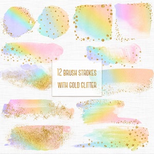 Watercolor Brush Strokes Clipart, Gold Glitter Brush Strokes, Rainbow ...