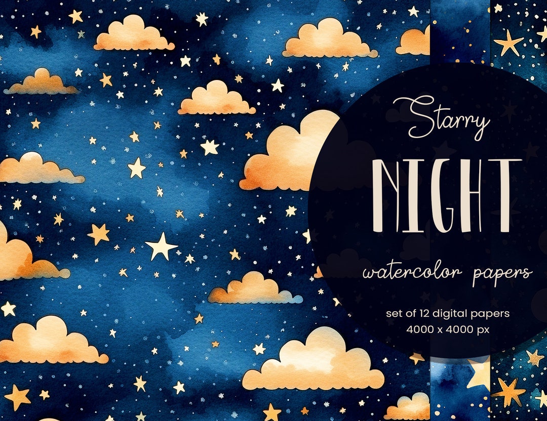 Starry Night Watercolor Digital Paper, Watercolor Paper Clipart, Blue ...