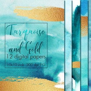 Turquoise and Gold Watercolor Digital Paper, Watercolor Texture, Paper ...