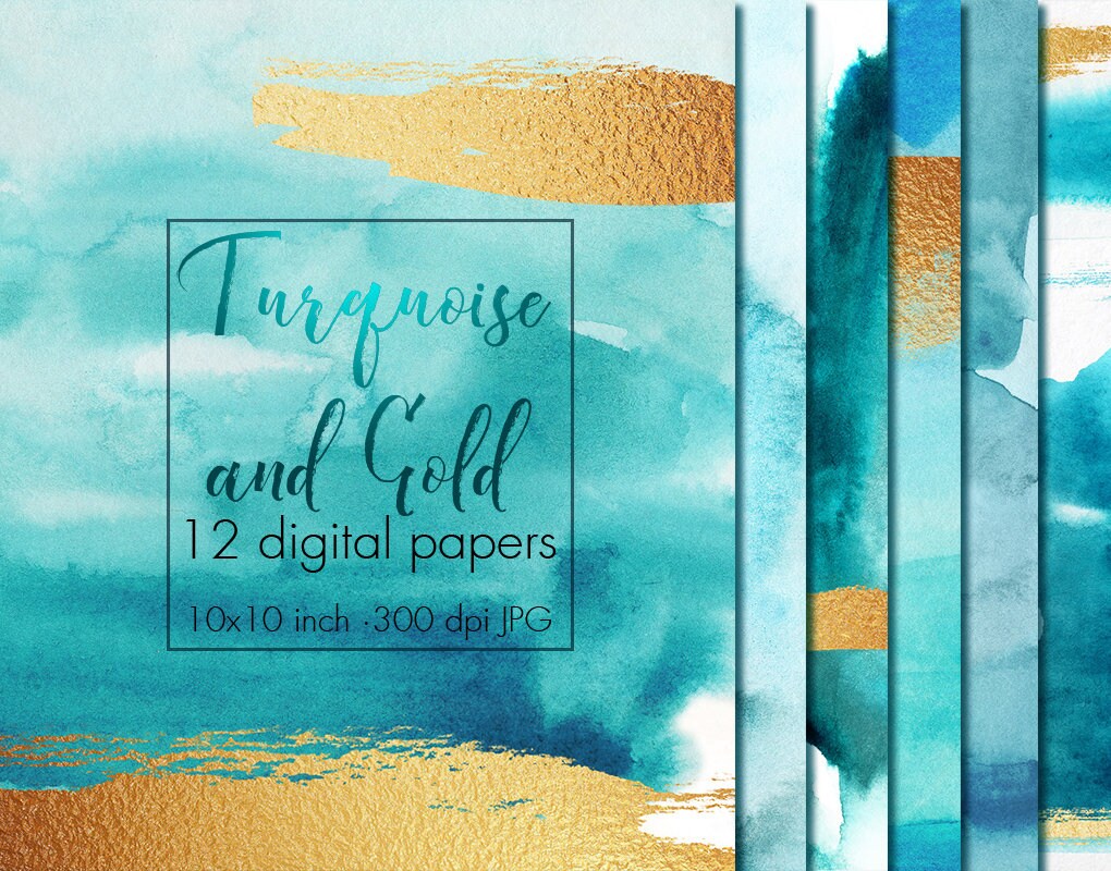 Turquoise and Gold Watercolor Digital Paper Watercolor | Etsy