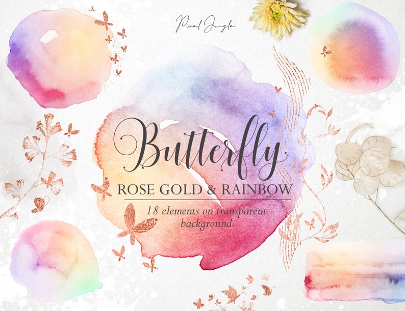 Rainbow Watercolor Clipart Rose Gold Butterfly Overlays - Etsy