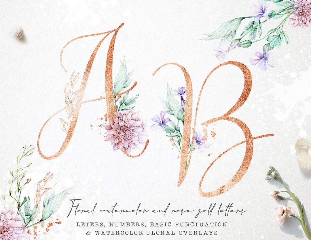 Rose Gold Letters With Watercolor Floral Elements, Rose Gold Alphabet ...