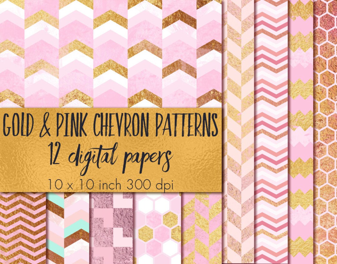 Pink & Gold Chevron Digital Paper, Gold Foil Paper Pack, Pink Abstract ...