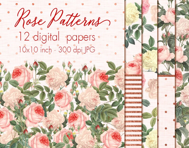 Digital Paper With Roses, Floral Digital Paper Clipart, Rose Gold Paper ...