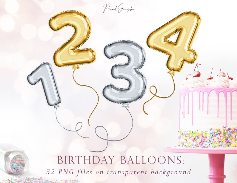 Birthday Balloon Clipart Gold Balloon Numerals Silver | Etsy
