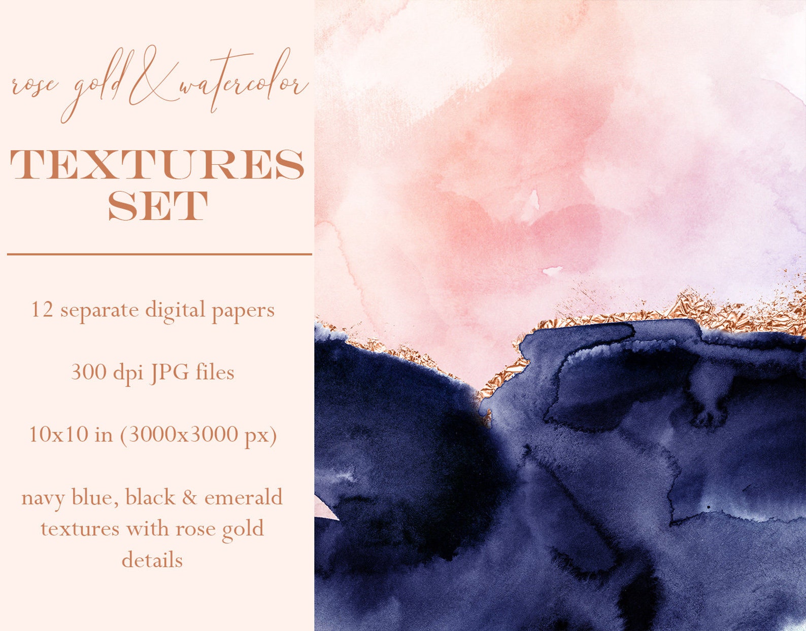 Rose Gold Watercolor Digital Paper Blue Watercolor | Etsy