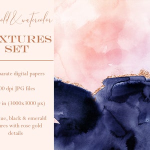 Rose Gold Watercolor Digital Paper, Blue Watercolor Background, Beige ...