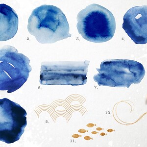 Navy Blue Watercolor Clipart: Gold Fish, Ocean Elements (PNG) - Etsy