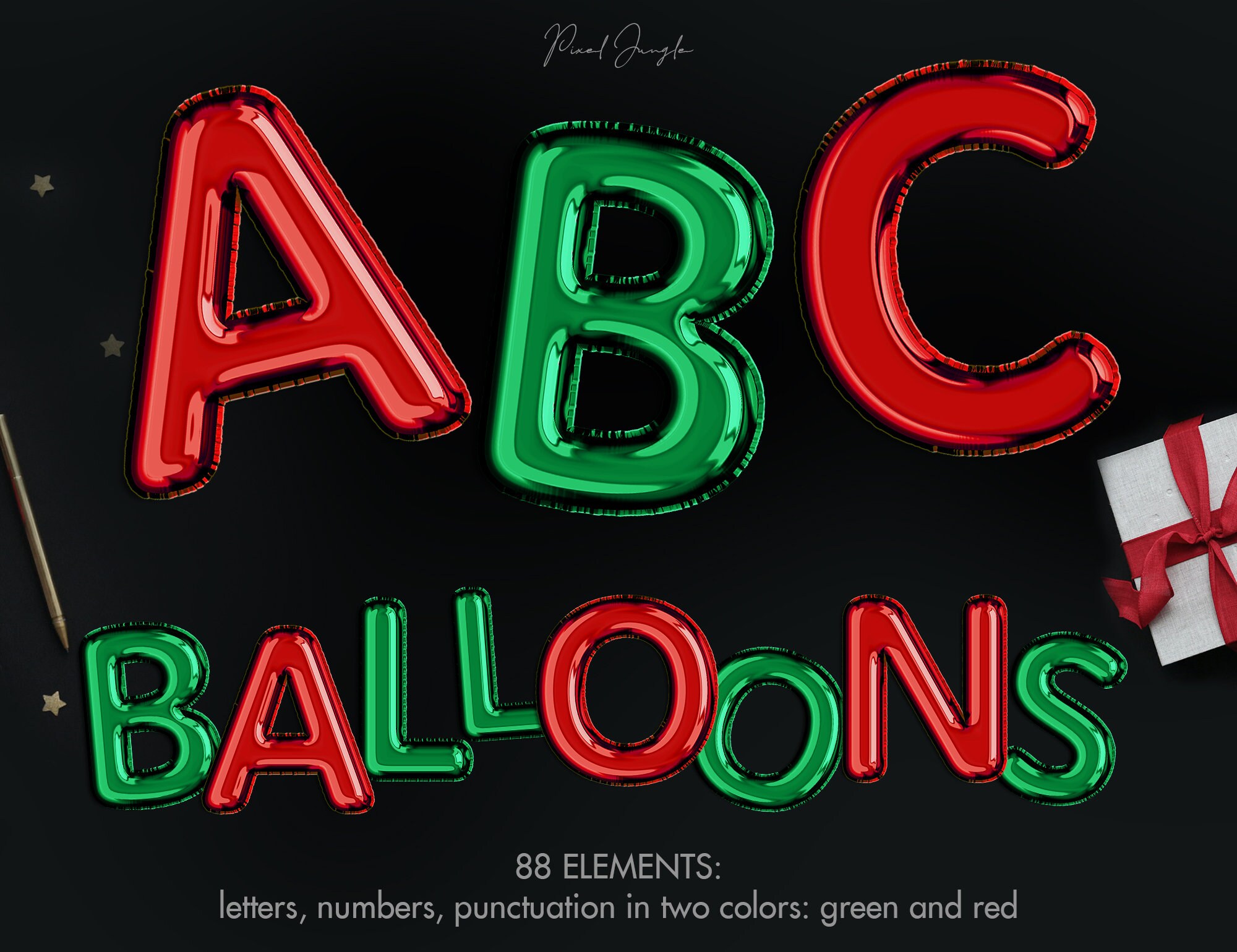 Christmas Balloon Alphabet Clip Art Green Balloons Red Foil | Etsy