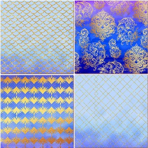 Blue Watercolor Digital Paper Clipart, Gold Papers, Gold Digital Paper ...