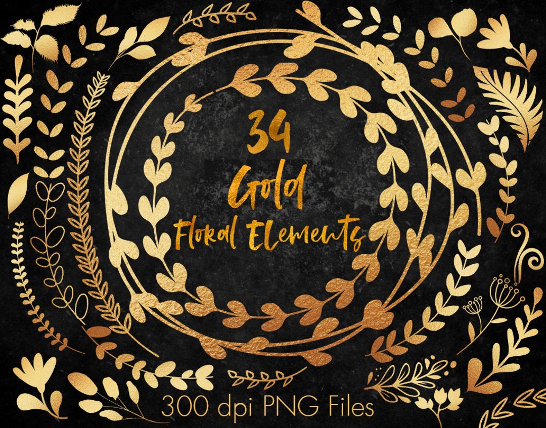Gold Floral Clipart, Gold Foil Design Elements, Gold Wreath, Gold ...