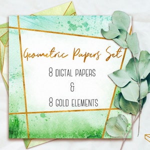 Geometric Watercolor Digital Paper Clipart, Gold Invitation Template ...