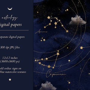 Gold Foil Zodiac Digital Paper: Watercolor Celestial Backgrounds ...