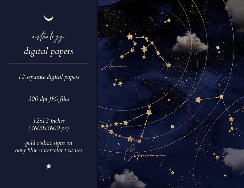 Zodiac Digital Papers With Gold Foil Watercolor Zodiac - Etsy