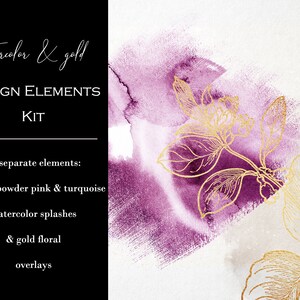 Watercolor Paint Splashes With Gold Floral Elements, Watercolor ...