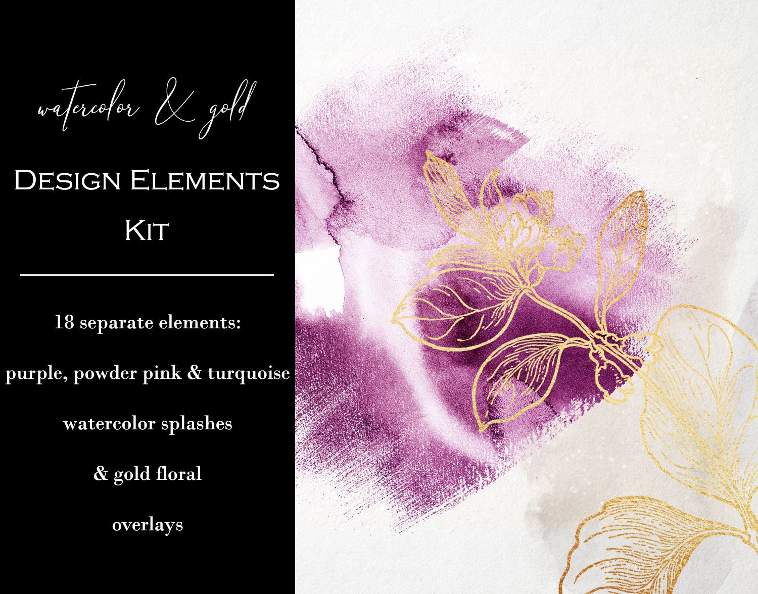 Watercolor Paint Splashes With Gold Floral Elements - Etsy