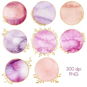 Gold Floral Watercolor Circle Clipart, Pink Design Elements (PNG) - Etsy