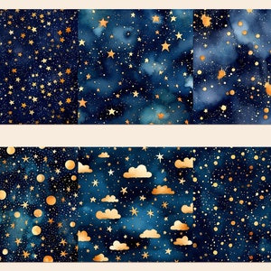 Starry Night Watercolor Digital Paper, Watercolor Paper Clipart, Blue ...