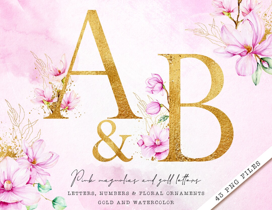 Gold Monogram Letters With Watercolor Magnolias, Gold Alphabet Clipart ...