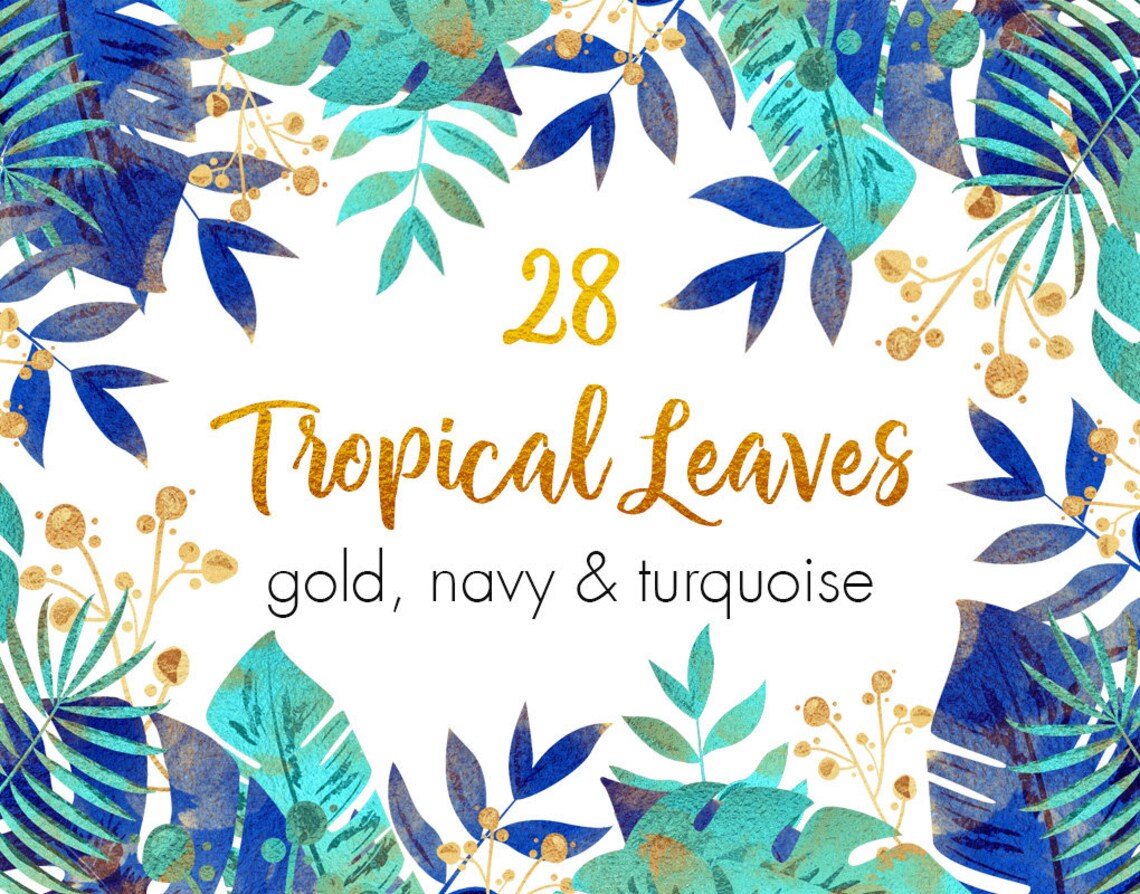 Gold Tropical Leaves Clipart Navy and Turquoise Tropical - Etsy