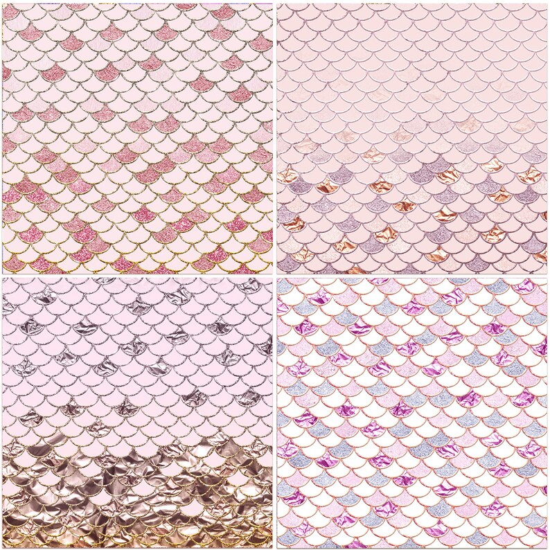 Pink Mermaid Scales Digital Paper Set, Watercolor Paper, Gold Scales ...
