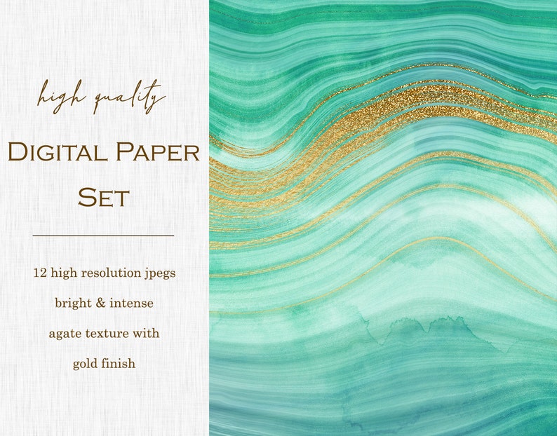 Emerald Green Agate Digital Paper: Gold Veins, Watercolor Textures (JPG ...