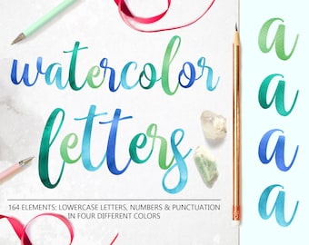 Watercolor Alphabet Clipart (104 Pc) Mint Teal Aqua Blue Turquoise ...
