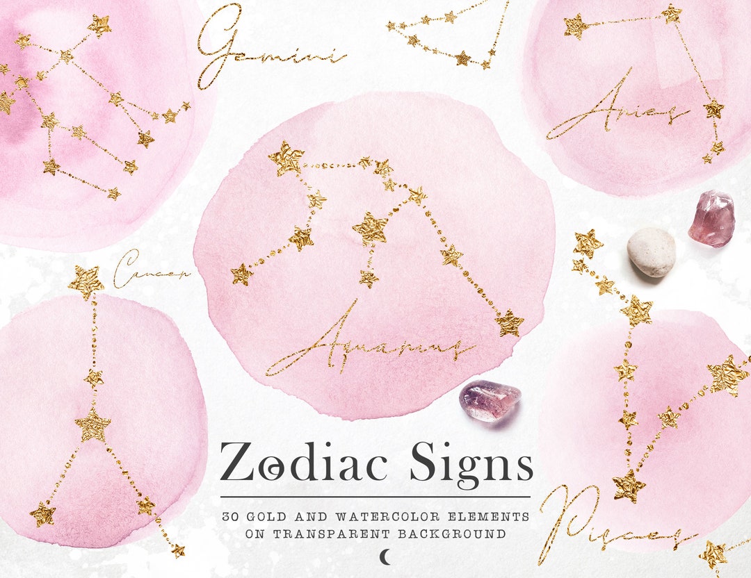 Gold Zodiac Constellations Clipart: Pink Watercolor Astrology (PNG ...