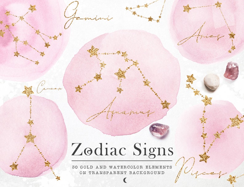 Gold Zodiac Constellations Clipart: Pink Watercolor Astrology (PNG ...