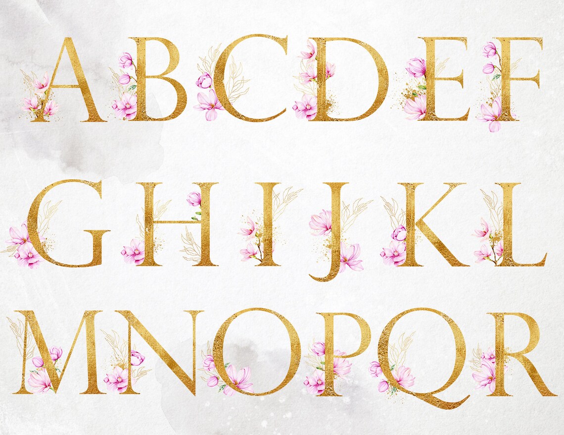 Gold Monogram Letters With Watercolor Magnolias Gold Alphabet | Etsy