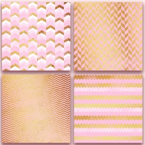 Pink & Gold Chevron Digital Paper, Gold Foil Paper Pack, Pink Abstract ...