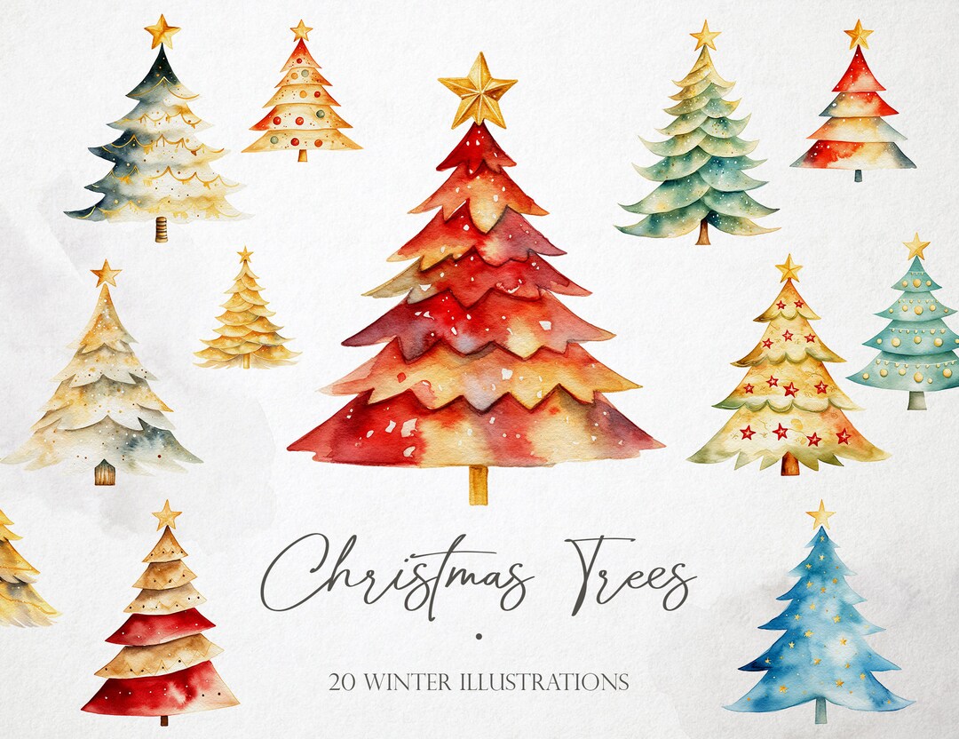 Watercolor Christmas Tree Clipart: Winter PNG Overlays (digital ...