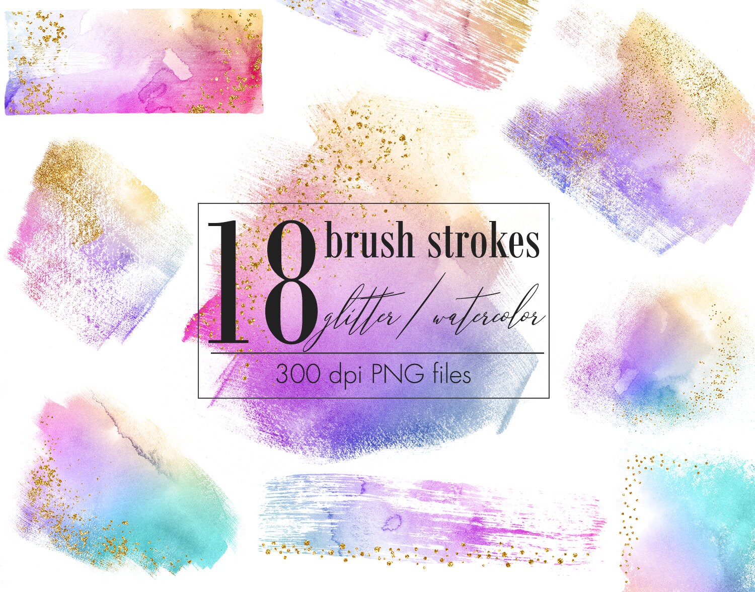 Watercolor Rainbow Brush Strokes Clipart Gold Glitter Brush | Etsy