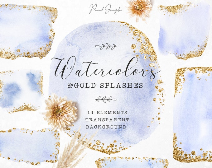 Blue and Gold Watercolor Shapes Clipart: Abstract Collage (digital ...