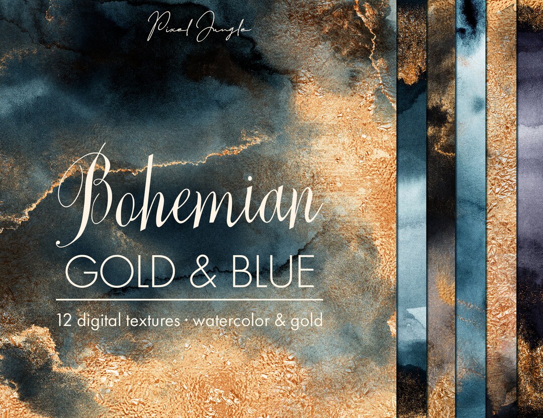 Navy Blue Digital Papers With Gold Foil, Watercolor Digital Paper ...