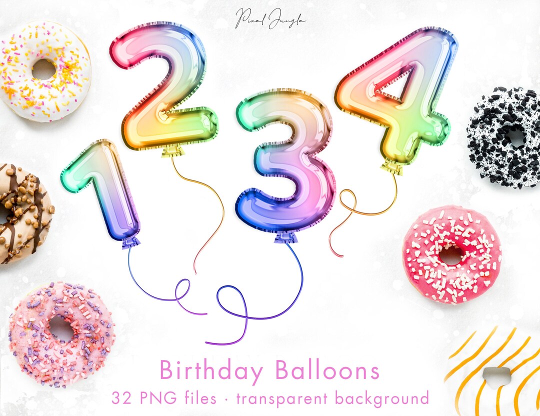 Rainbow Balloon Number Clipart: Birthday Anniversary PNG (digital ...