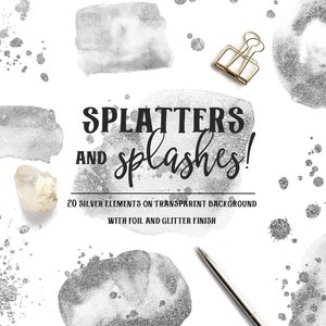 Silver Glitter Paint Splashes Clip Art, Silver Foil Brush Strokes ...
