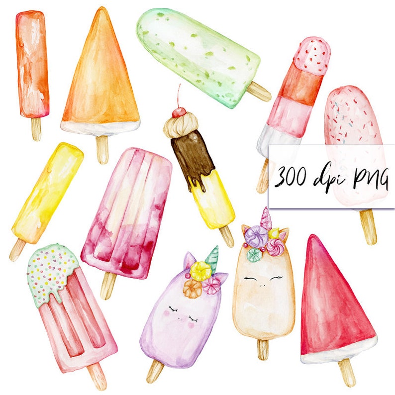 Watercolor Ice Cream Clipart, Watercolor Popsicles, Handpainted Ice ...