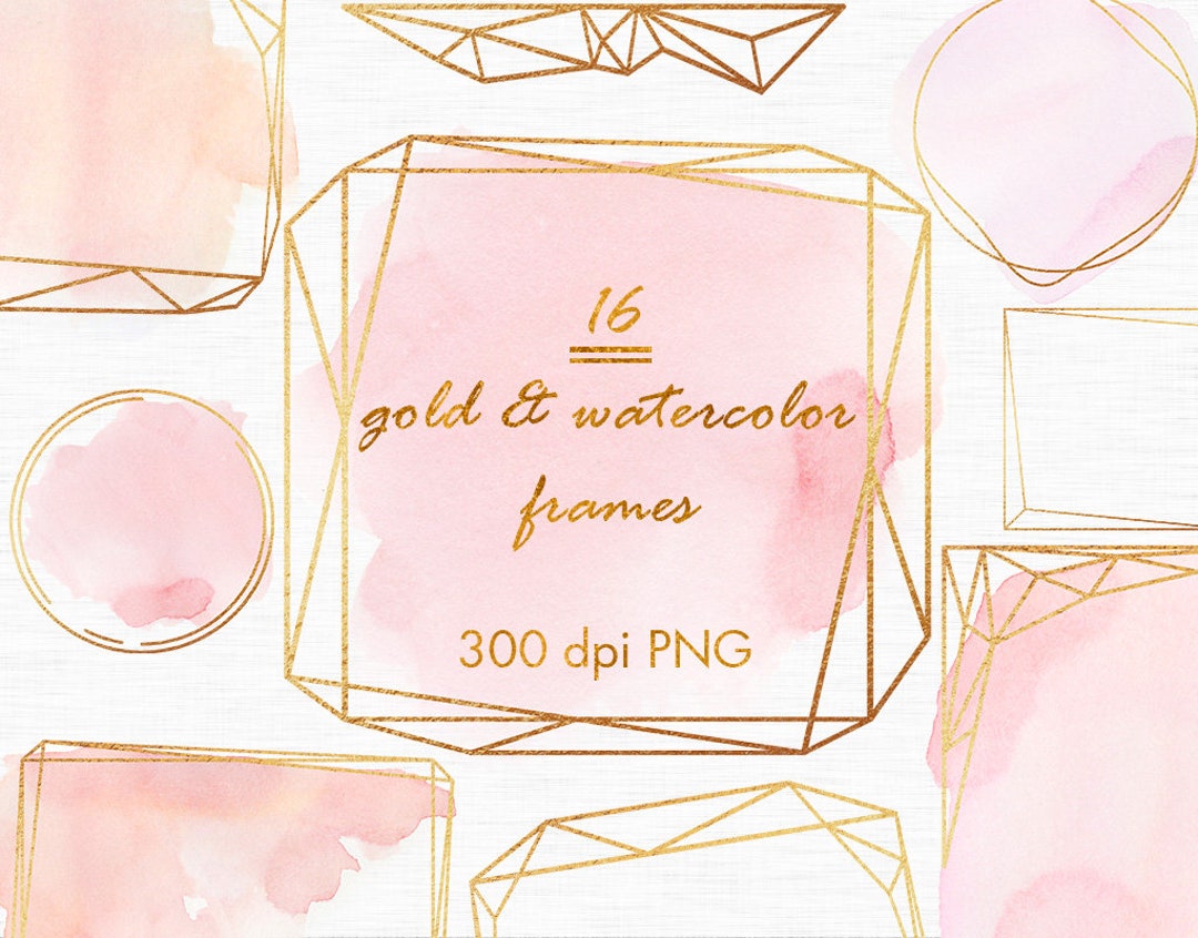 Gold and Pink Watercolor Frames, Gold Overlays, Gold Watercolour Frames ...