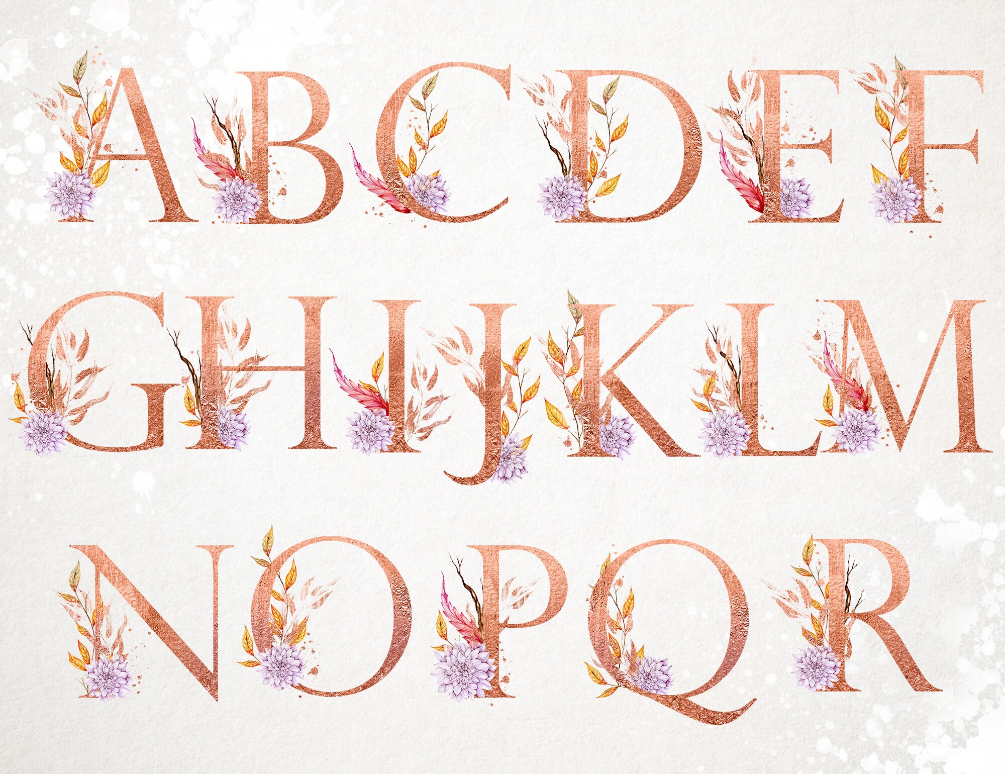 Rose Gold Letters With Watercolor Elements Autumn Rose Gold | Etsy