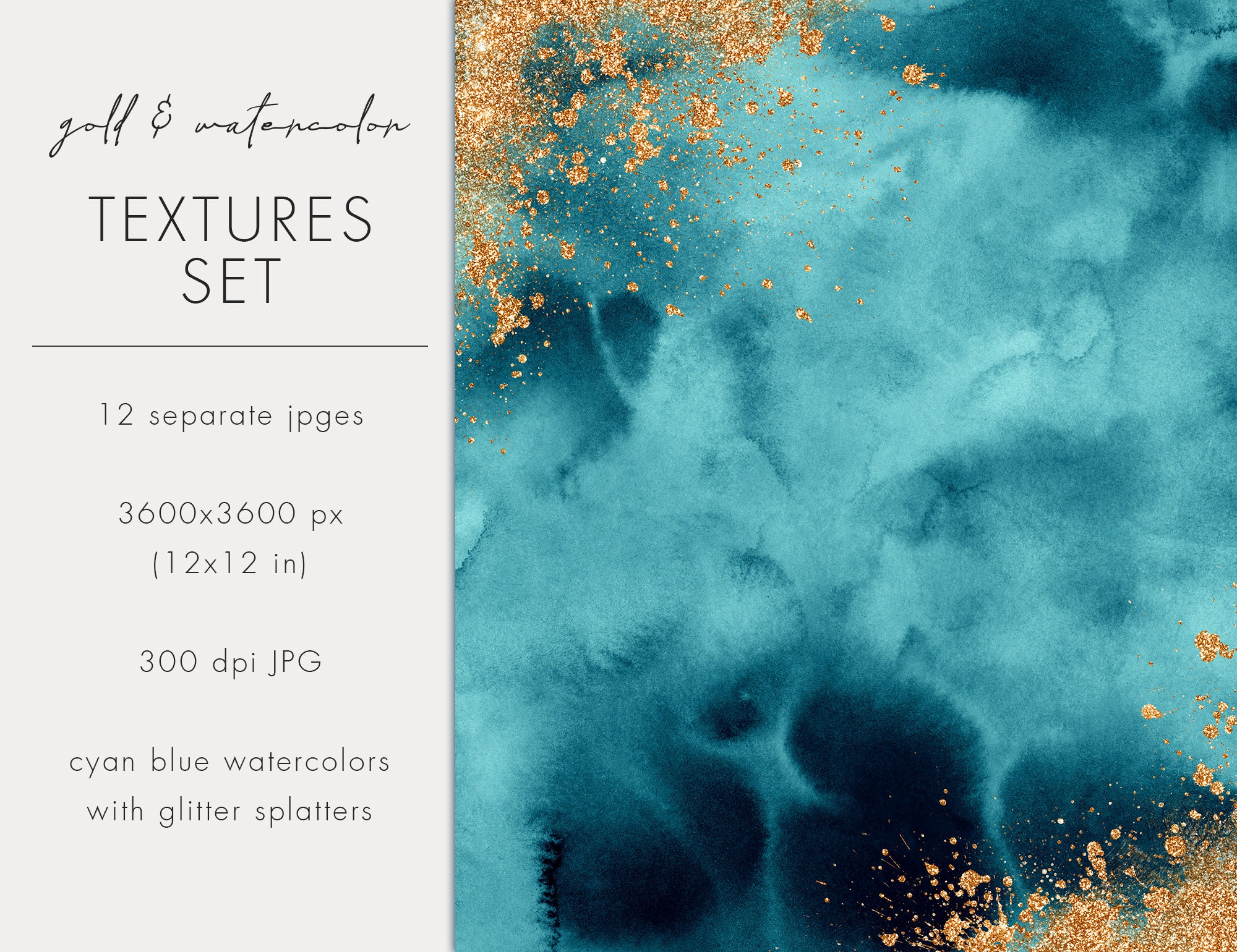 Cyan Digital Papers With Gold Foil Watercolor Digital Paper | Etsy