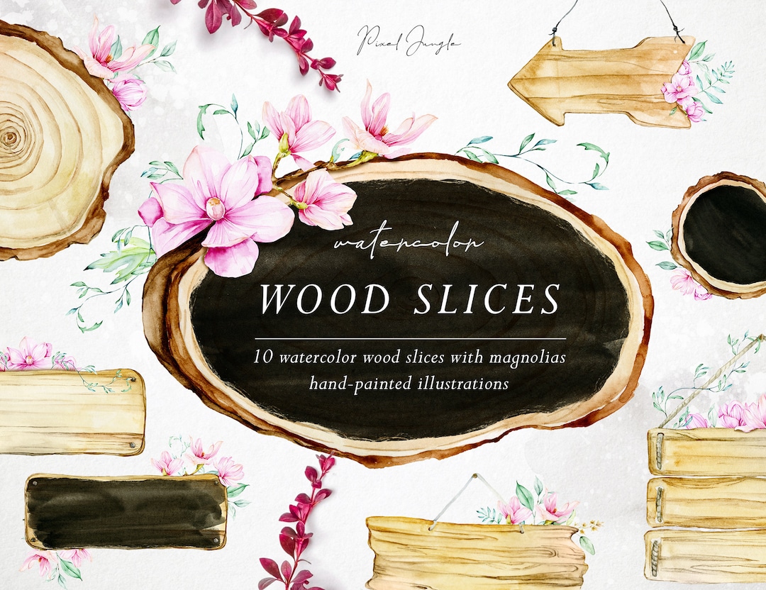 Watercolor Magnolia Wood Slices Clipart: Floral Frames (digital ...