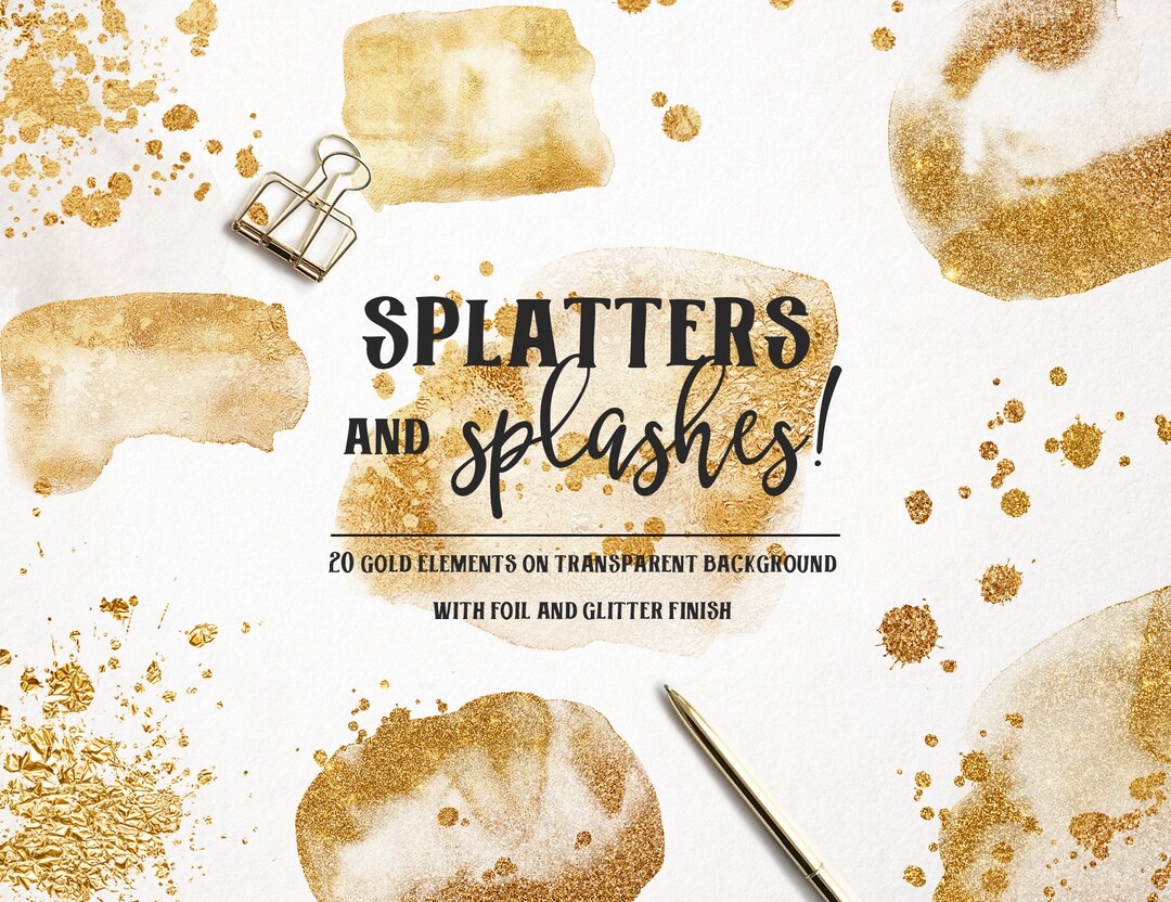 Gold Glitter Paint Splashes Clip Art, Gold Foil Brush Strokes Clipart ...