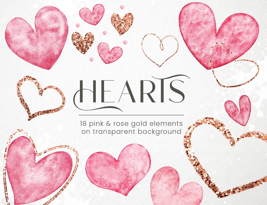 Pink Watercolor Hearts, Rose Gold Glitter Hearts, Heart Clip Art, Hand ...
