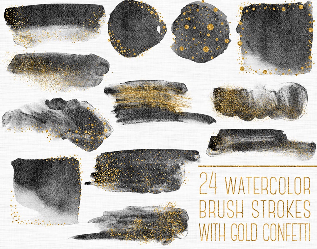 Black Watercolor Brush Strokes Clipart, Gold Glitter Brush Strokes Clip ...