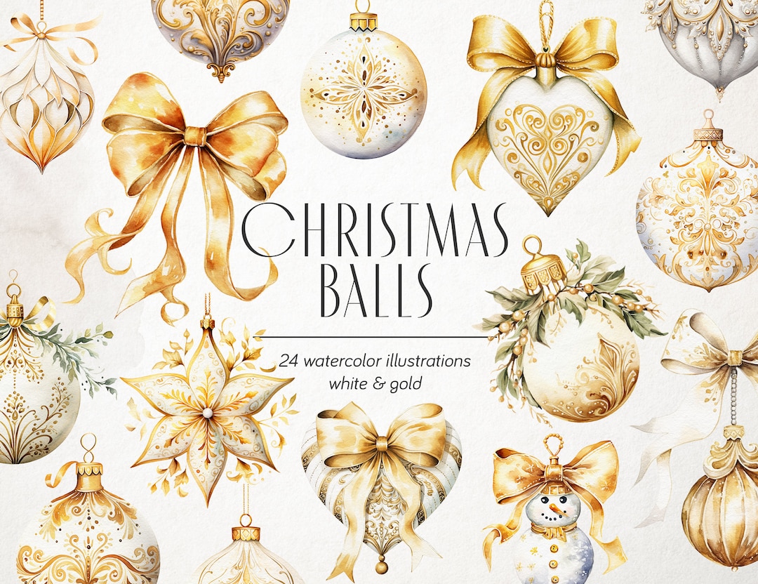 Christmas Baubles Clip Art, White & Gold Baubles Clipart, Christmas ...