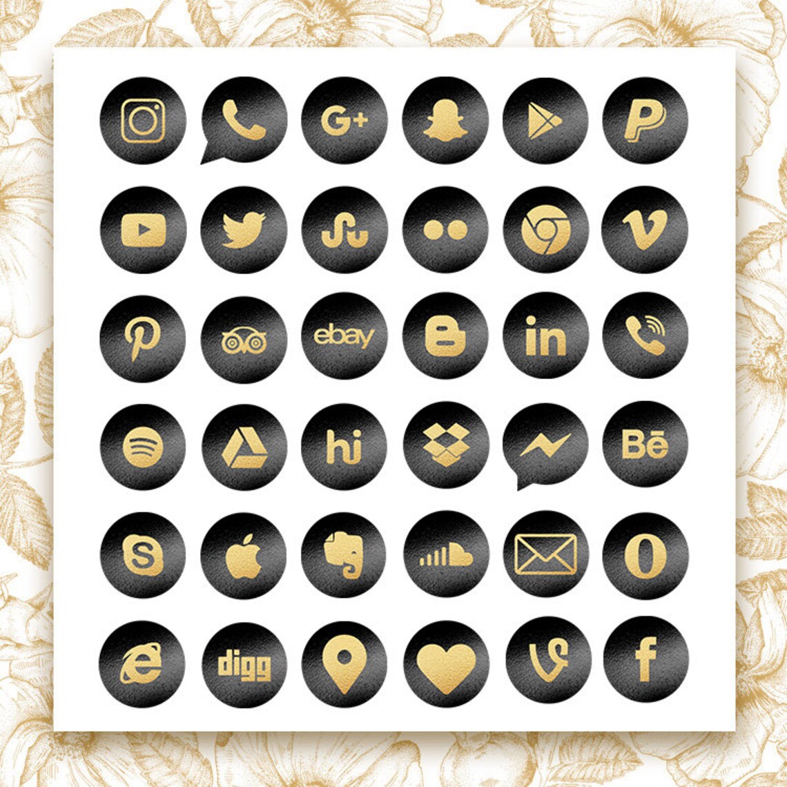Black and Gold Social Media Icons, Gold Metallic Foil Icons, Social ...
