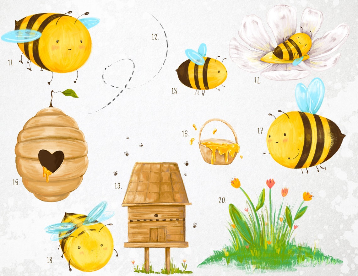 Honey Bee Clipart Hand Drawn Cute Bee Clipart Honeycomb - Etsy